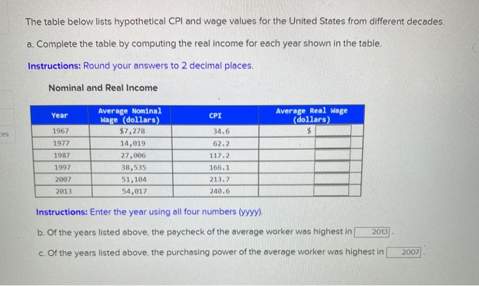 Solved The table below lists hypothetical CPI and wage | Chegg.com