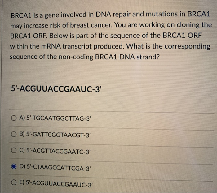 Solved BRCA1 is a gene involved in DNA repair and mutations | Chegg.com