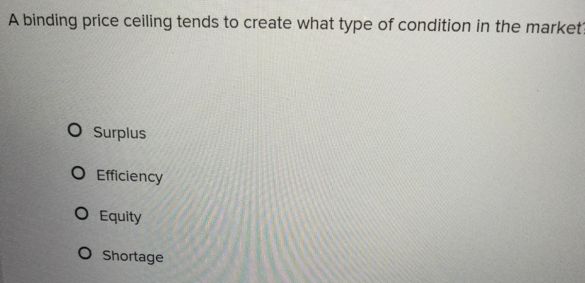 Solved A binding price ceiling tends to create what type of | Chegg.com