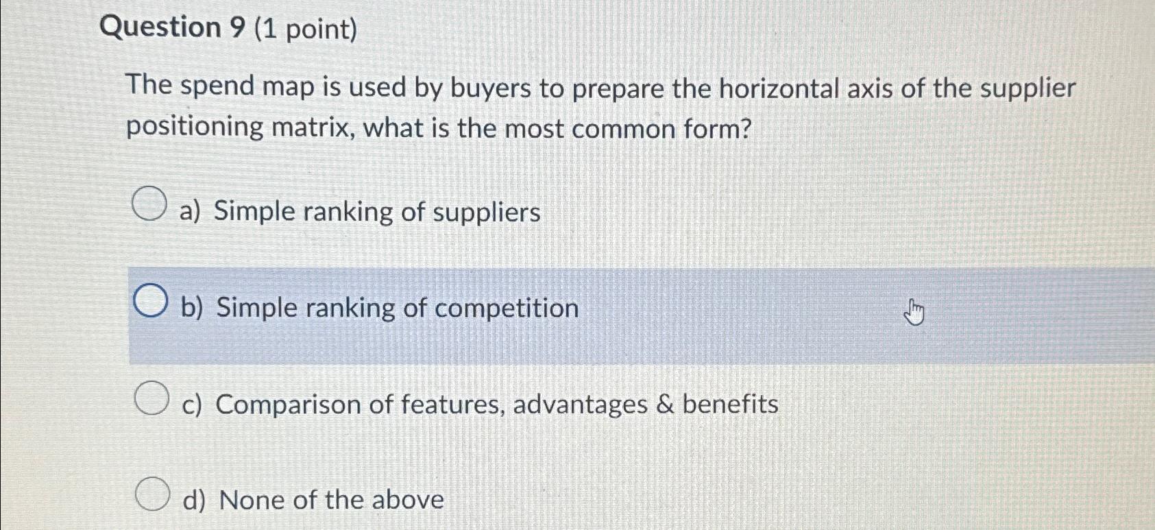 Solved Question 9 (1 ﻿point)The spend map is used by buyers | Chegg.com