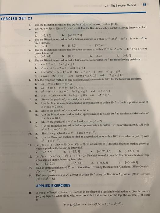 Solved 53 2.1 The Bisection Method . . a. e. XERCISE SET 2.1 | Chegg.com