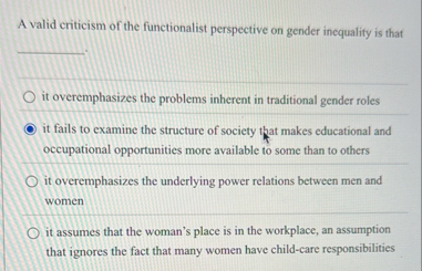 Solved A valid criticism of the functionalist perspective on | Chegg.com