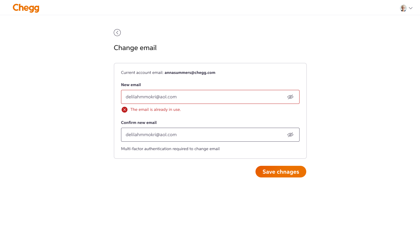 Solved Change emailCurrent account email: | Chegg.com