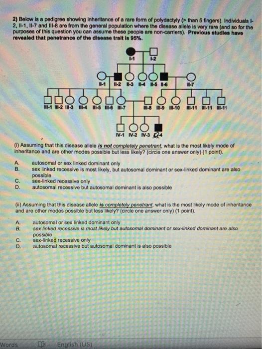 Solved 2) Below is a pedigree showing inheritance of a rare | Chegg.com