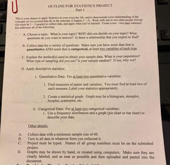 Solved E OUTLINE FOR STATISTICS PROJECT Part 1 This is your | Chegg.com