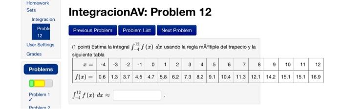 Solved Homework Sets IntegracionAV: Problem 12 Integracion | Chegg.com