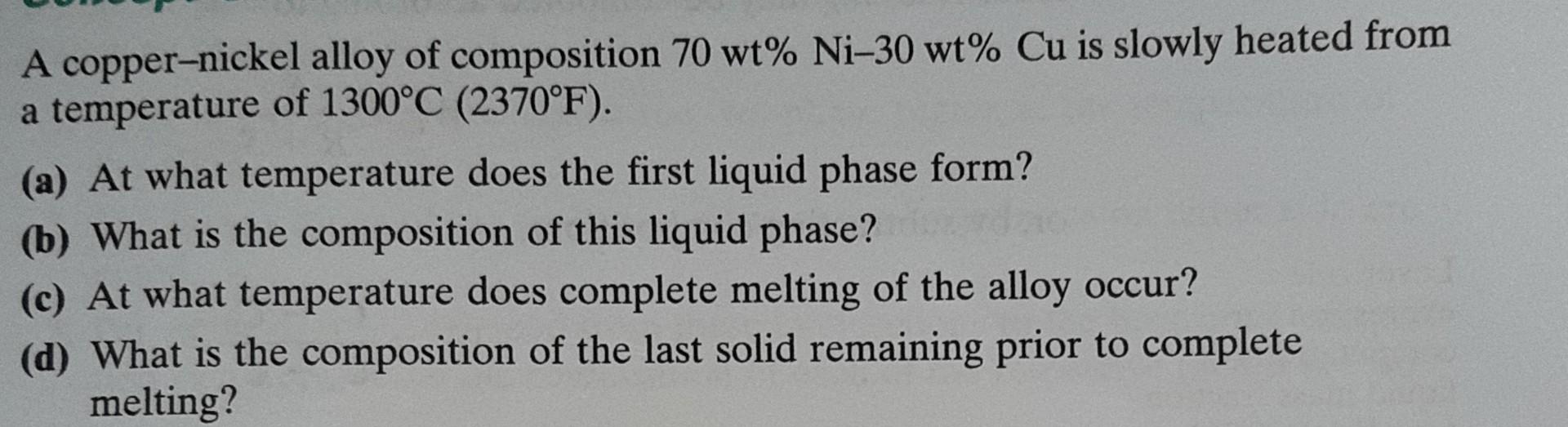 Solved A copper-nickel alloy of composition 70 wt% Ni-30 wt% | Chegg.com
