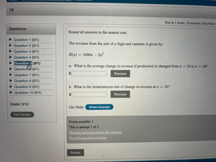 Solved Round all answers to the nearest cent. The revenue | Chegg.com