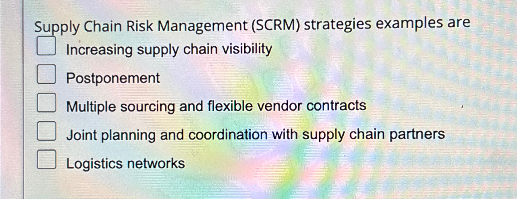 Solved Supply Chain Risk Management (SCRM) ﻿strategies | Chegg.com