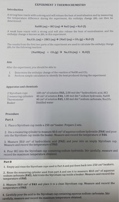 Solved EXPERIMENT 3 THERMOCHEMISTRY Introduction A strong | Chegg.com
