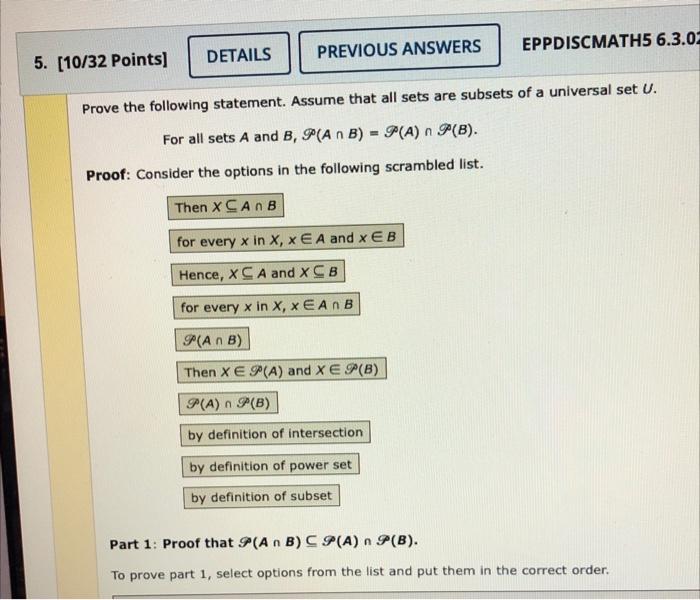 Solved PREVIOUS ANSWERS EPPDISCMATH5 6.3.0 DETAILS 5. (10/32 | Chegg.com