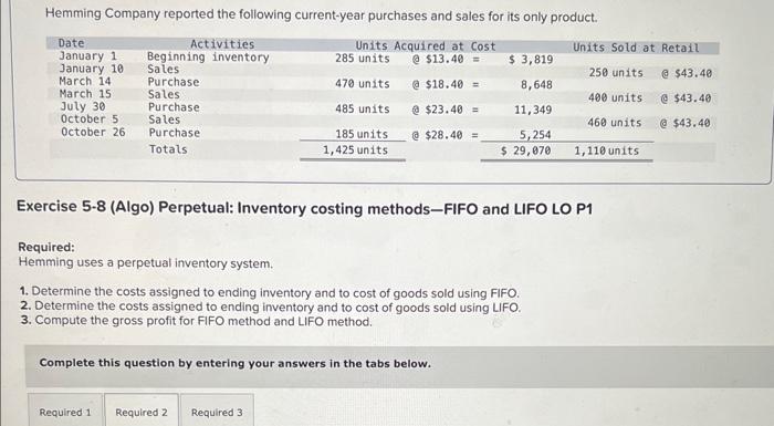 Solved Exercise 5-8 (Algo) Perpetual: Inventory costing | Chegg.com