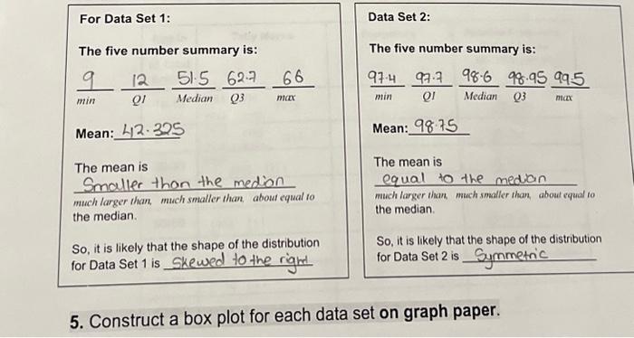 For Data Set 1: The five number summary is: min9Q112 | Chegg.com