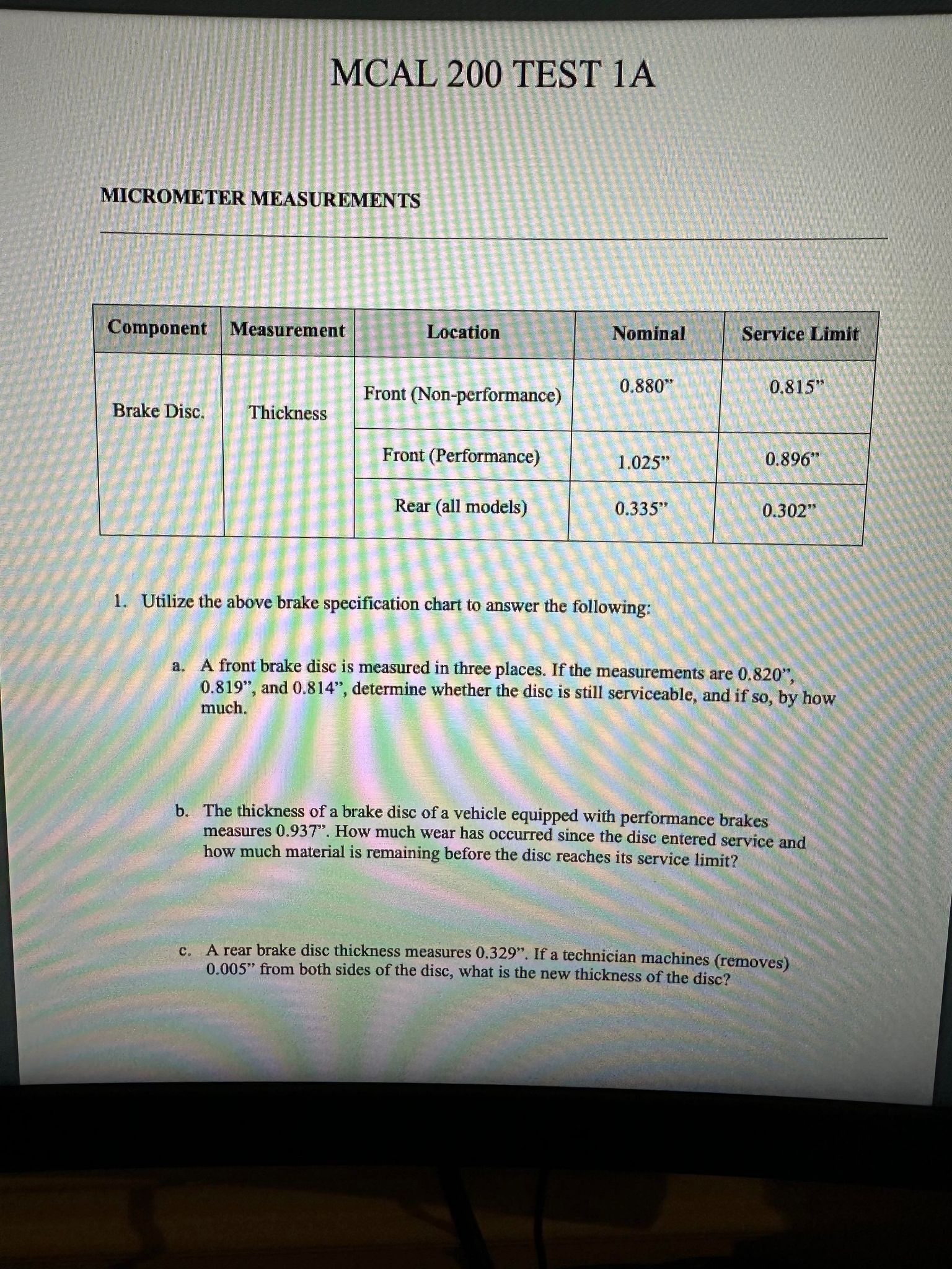 Solved MCAL 200 ﻿TEST 1AMICROMETER | Chegg.com