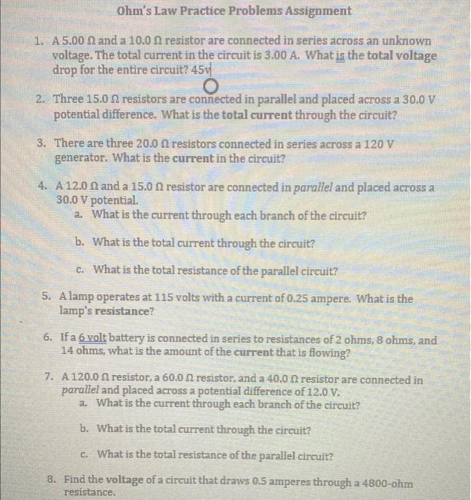 Solved Ohm's Law Practice Problems Assignment 1. A 5.000 and | Chegg.com