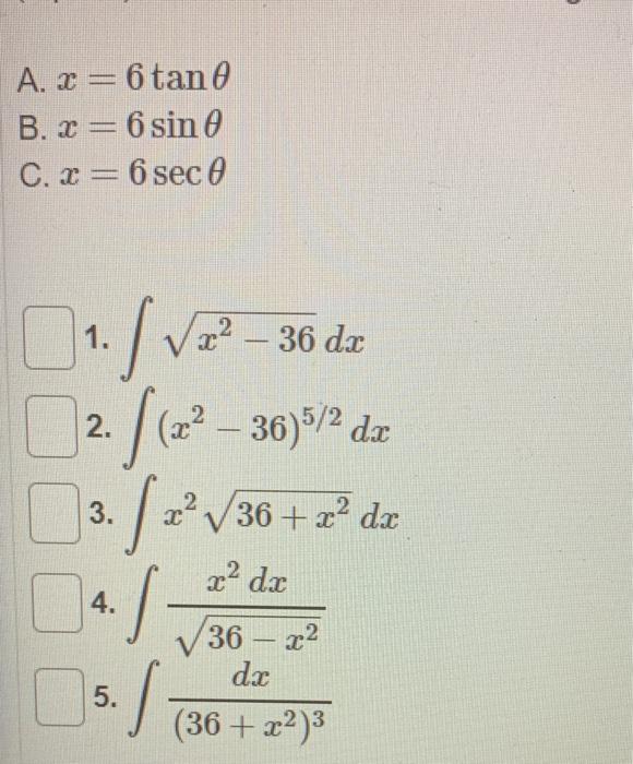 Solved for each of the indefinite integrals below, choose | Chegg.com