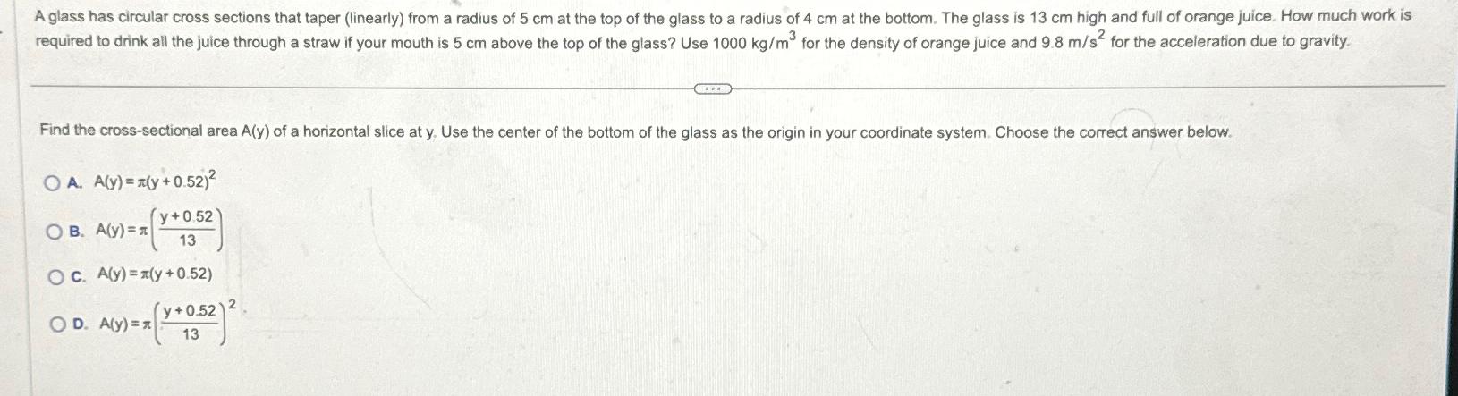 Solved Find the cross-sectional area A(y) ﻿of a horizontal | Chegg.com