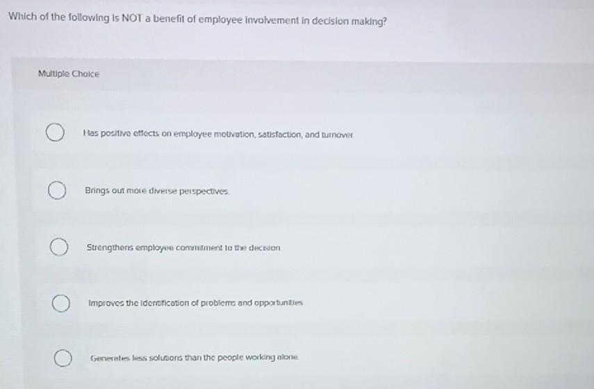 Solved Which of the following is NOT a benefit of employee | Chegg.com