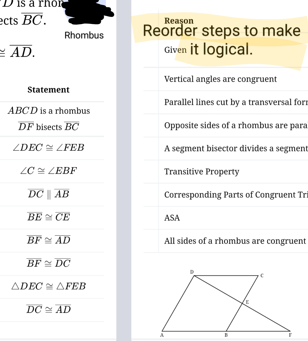 Solved =AD.Reorder the steps of the proof to make sure that | Chegg.com