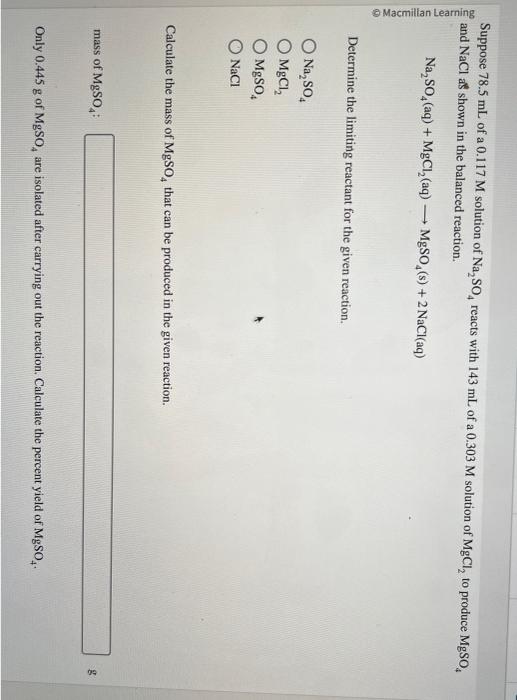 Solved Suppose 78.5 mL of a 0.117M solution of Na2SO4 reacts | Chegg.com