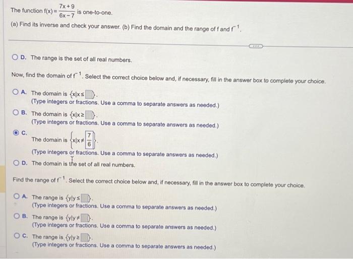 Solved The Function F X 6x−77x 9 Is One To One A Find