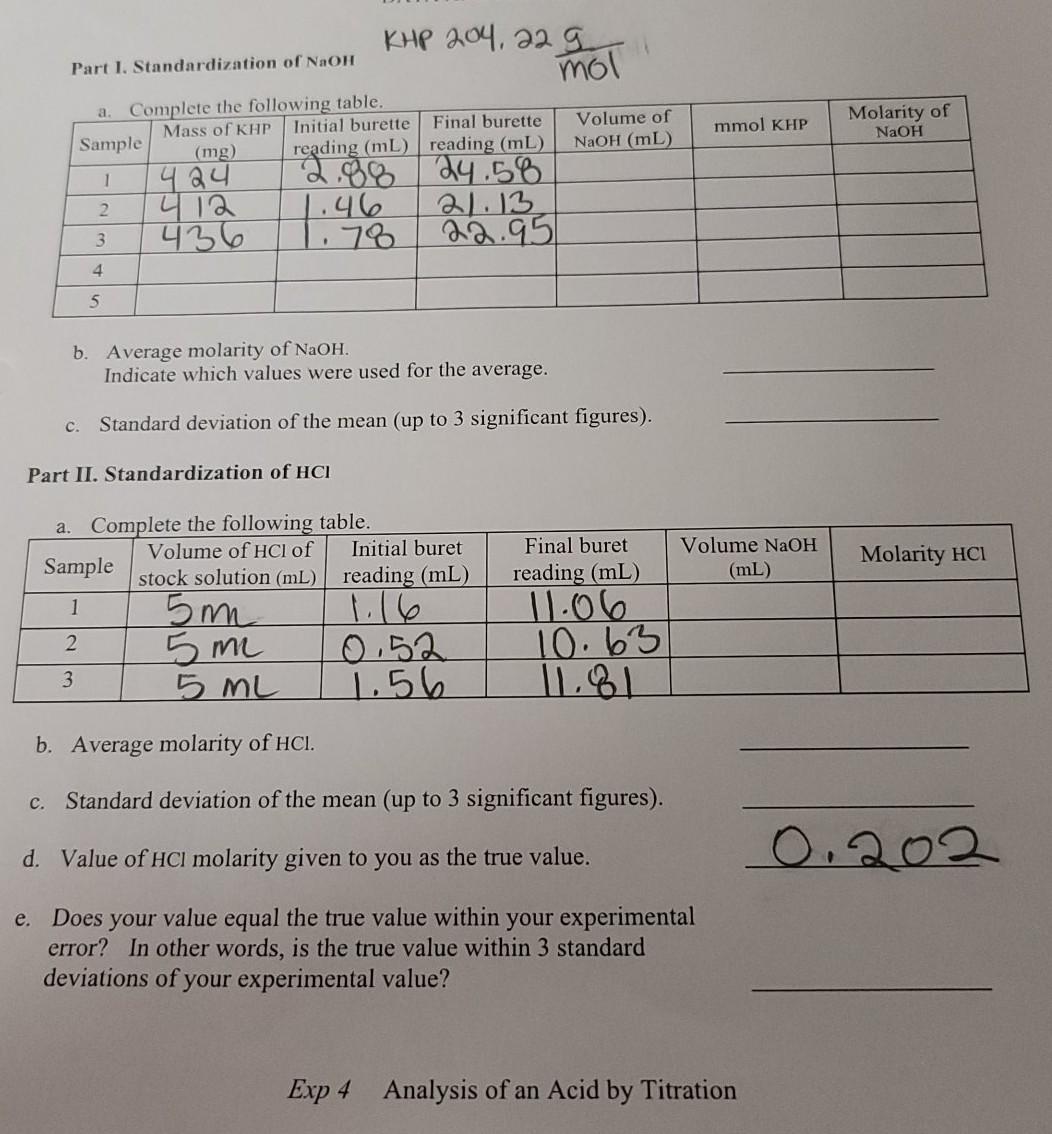 Solved KHP 204, 22 g Part I. Standardization of NaOH mol a | Chegg.com