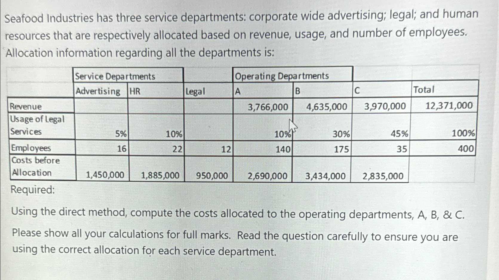 Seafood Industries has three service departments: | Chegg.com