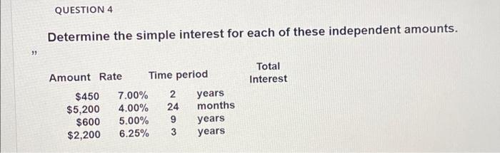 Solved "" QUESTION 4 Determine the simple interest for each | Chegg.com