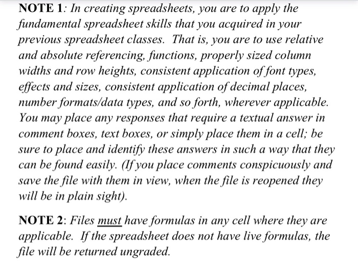 NOTE 1: In creating spreadsheets, you are to apply | Chegg.com