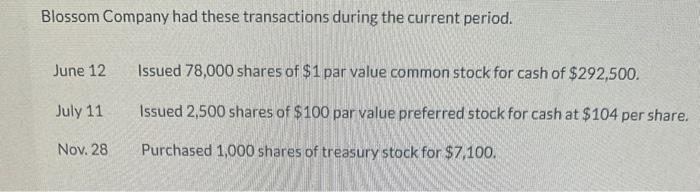 Solved Blossom Company had these transactions during the | Chegg.com