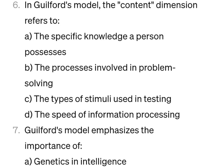 Solved In Guilford's model, the "content" dimension refers | Chegg.com