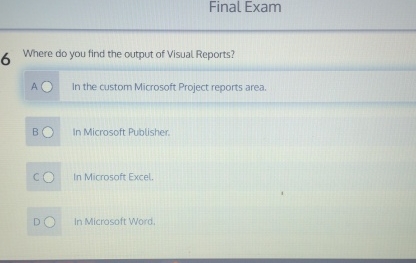 Solved Final Exam6 ﻿Where do you find the output of Visual | Chegg.com