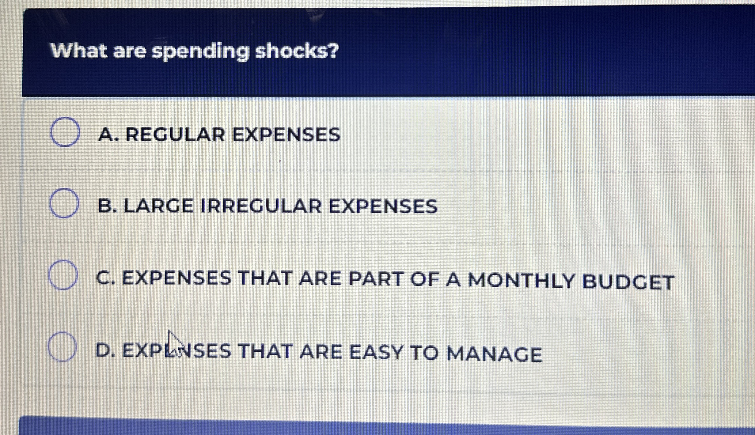 Solved What are spending shocks?A. ﻿REGULAR EXPENSESB. | Chegg.com