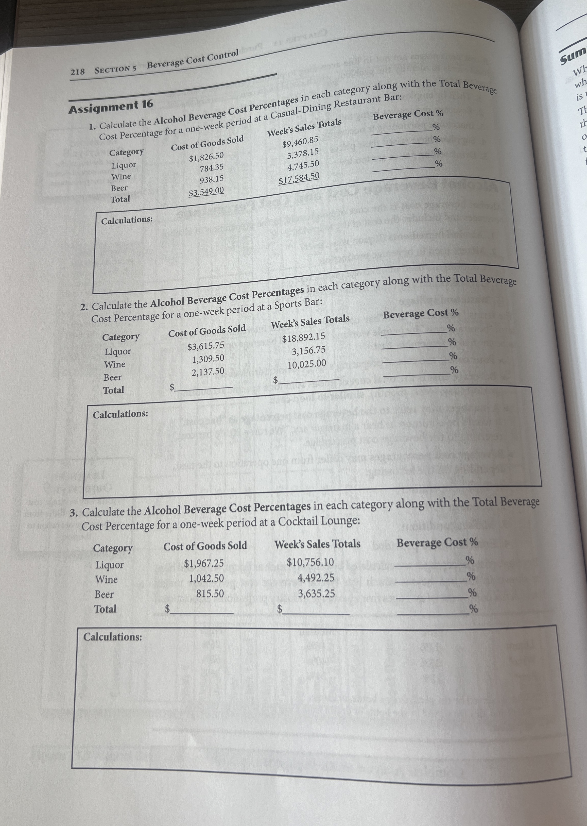 218Section 5 ﻿Beverage Cost ControlCalculate the | Chegg.com