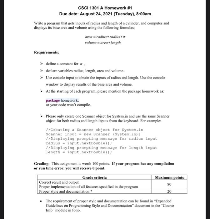 Solved CSCI 1301 A Homework #1 Due date: August 24, 2021 | Chegg.com