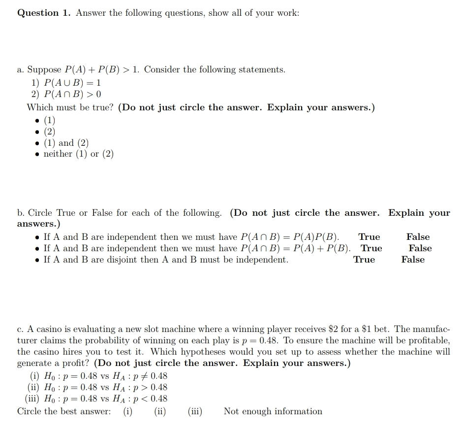 Solved Question 1. ﻿Answer the following questions, show all | Chegg.com