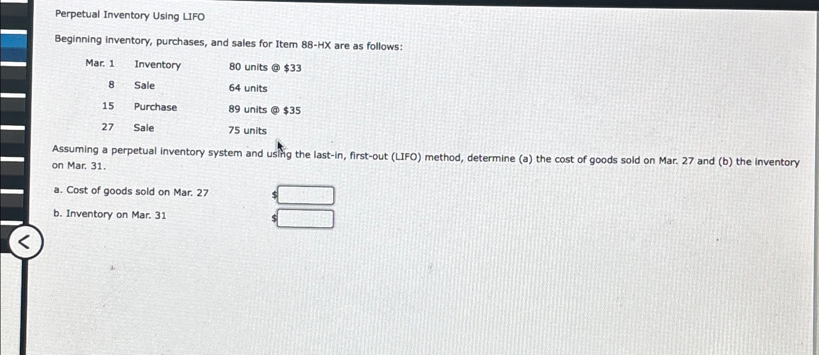 Solved Perpetual Inventory Using LIFOBeginning inventory, | Chegg.com