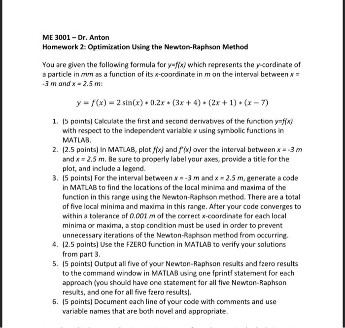 Me 3001 Dr Anton Homework 2 Optimization Using