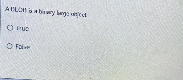 Solved ABLOB is a binary large object. True FalseChoose the | Chegg.com