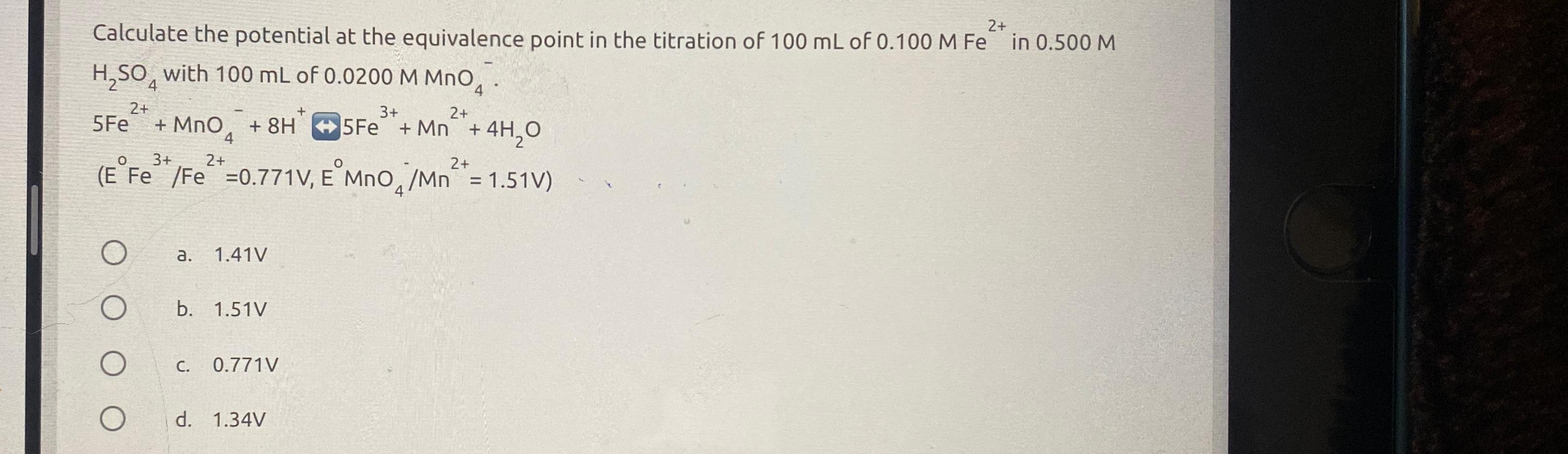 Solved Calculate the potential at the equivalence point in | Chegg.com