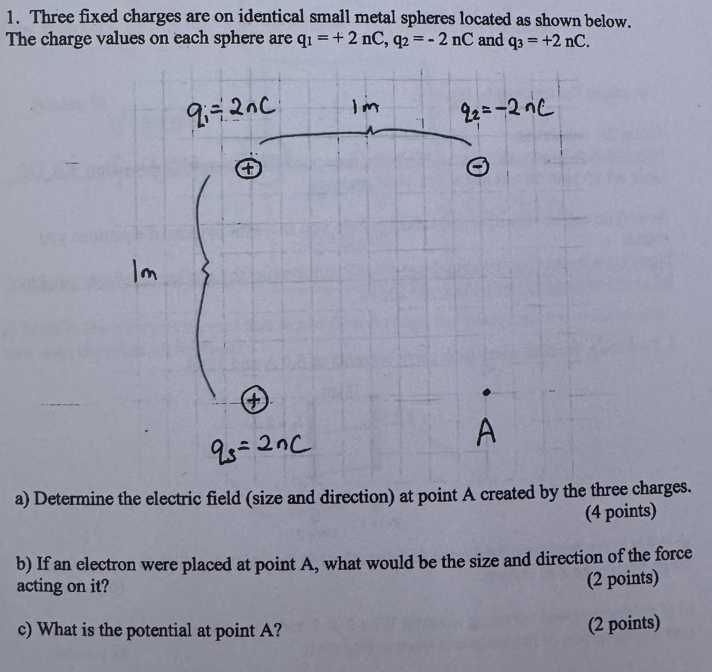 Solved Three fixed charges are on identical small metal | Chegg.com