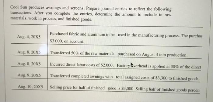 Solved Cool Sun produces awnings and screens. Prepare | Chegg.com