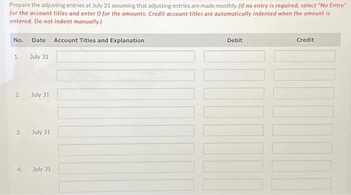 Solved Prepare the adjusting entries at July 31 assuming | Chegg.com