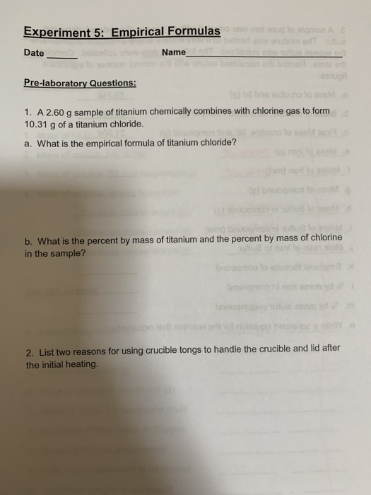 Solved Experiment 5: Empirical Formulas anterioruq lo olamaa | Chegg.com