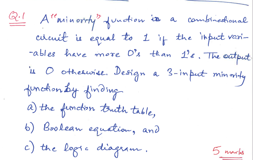 Solved Q. 1 ﻿A "minority" function in a combinationalcircuit | Chegg.com