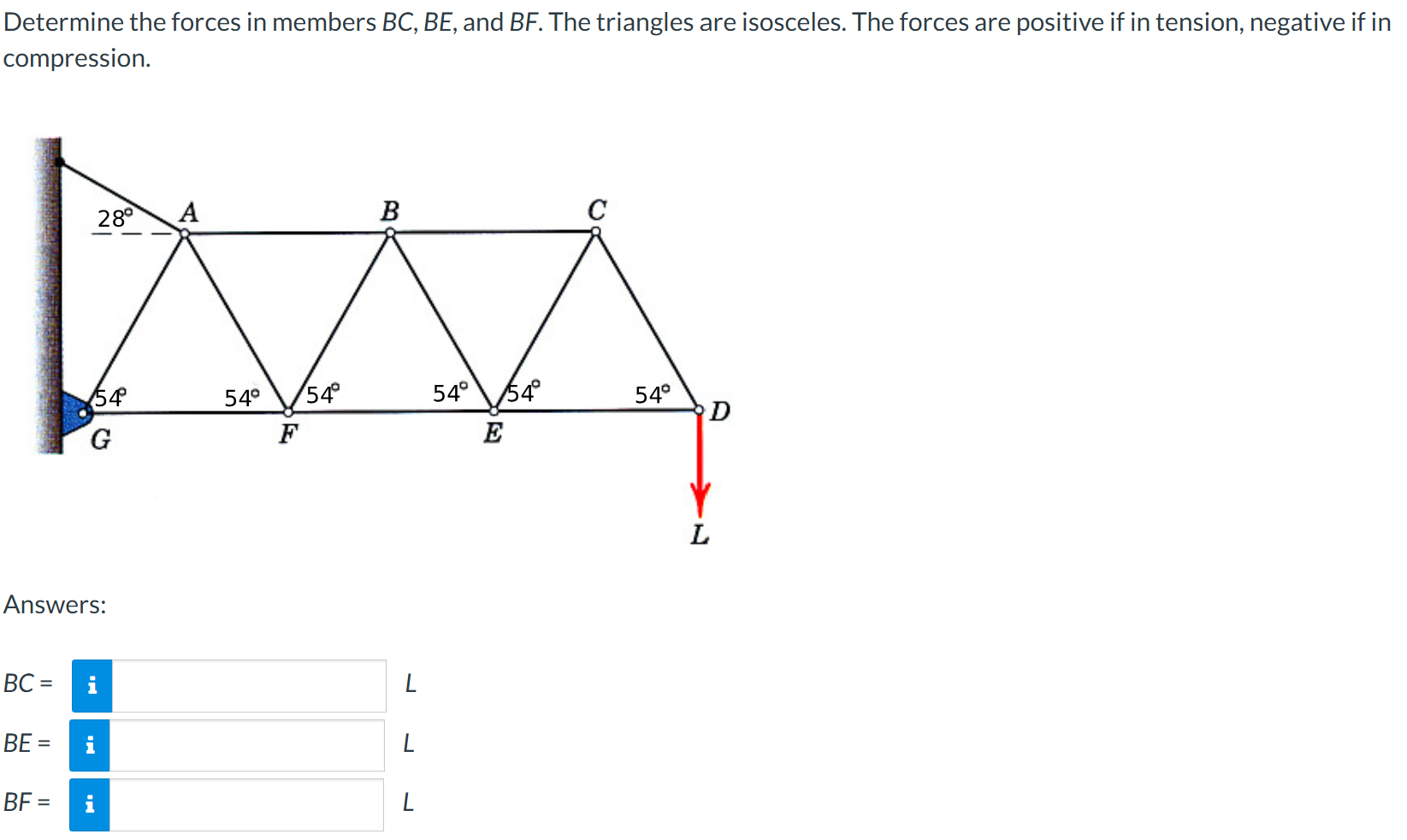 [Solved]: Determine the forces in members BC,BE, and BF. The
