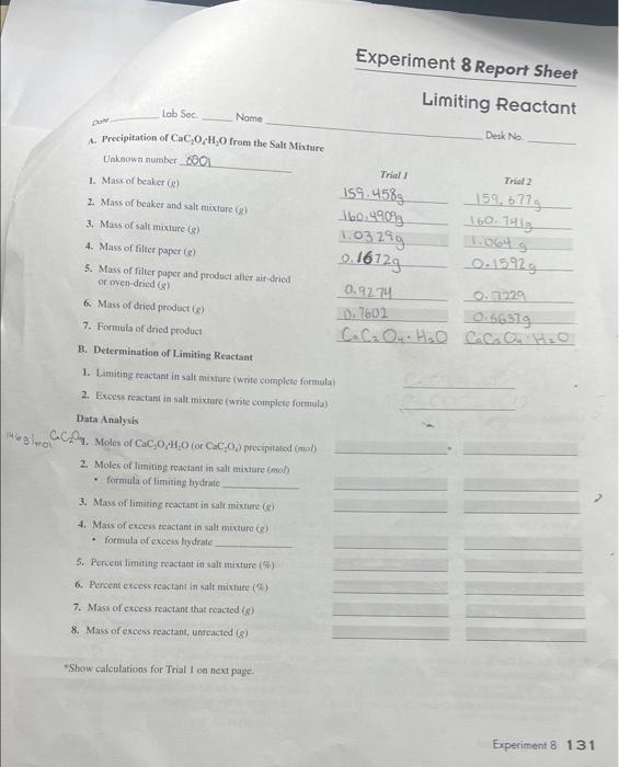 pun:- Lab Soc Nome Limiting Reactant A. Precipitation | Chegg.com