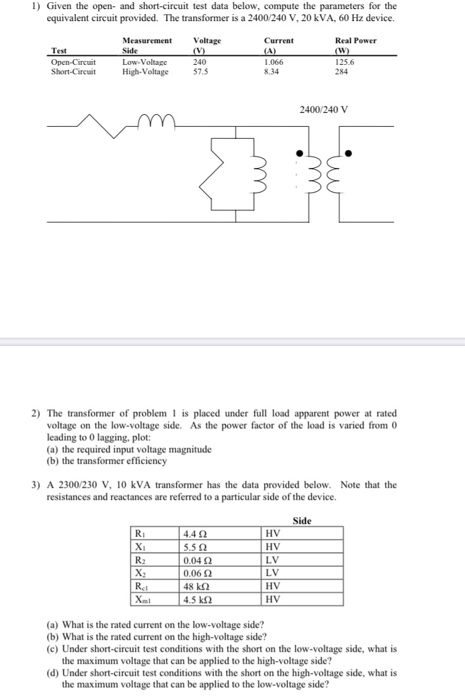Solved 1) Given the open- and short-circuit test data below, | Chegg.com