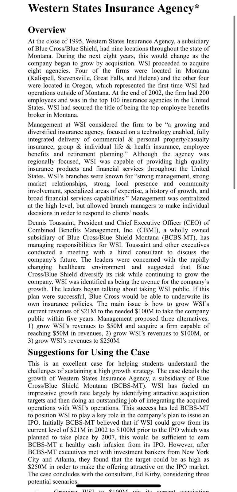Western States Insurance Agency* Overview At the | Chegg.com