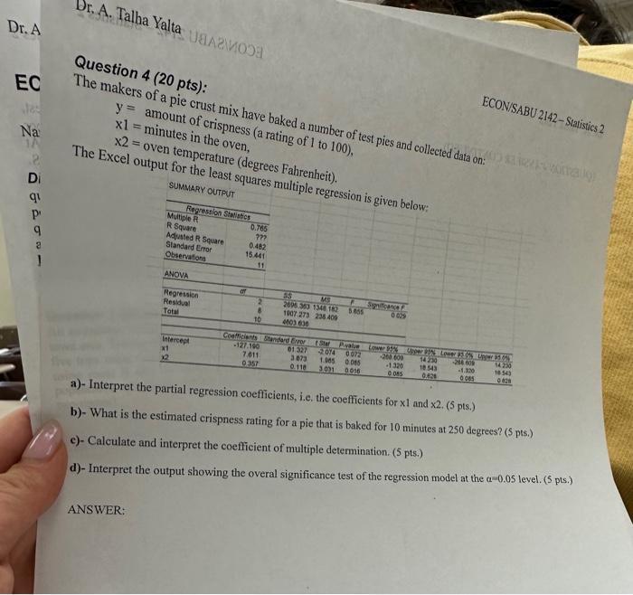 Solved U. A. Talha Yalta Question 4 (20 pts): ECON/SABU | Chegg.com